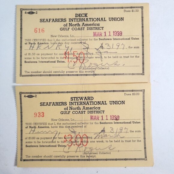 Office | Two 1939 Seafarers International Union Dues Cards Deck Steward ...